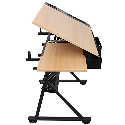 Saturnpower Drafting Table Height Angle Adjustable Drawing Table Tiltable Tabletop Art Craft Work Station w/Stool and 2 Storage Drawer Student Desk for Painting, Writing, and Art Craft Supplies