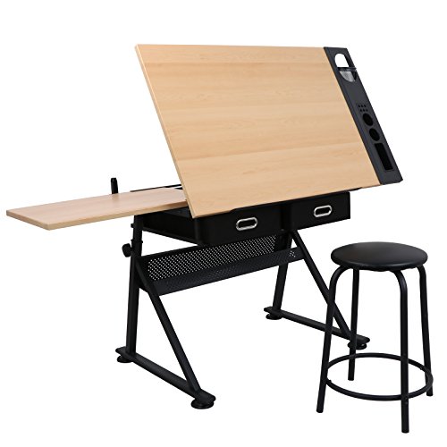 Saturnpower Drafting Table Height Angle Adjustable Drawing Table Tiltable Tabletop Art Craft Work Station w/Stool and 2 Storage Drawer Student Desk for Painting, Writing, and Art Craft Supplies