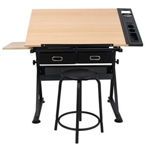 Saturnpower Drafting Table Height Angle Adjustable Drawing Table Tiltable Tabletop Art Craft Work Station w/Stool and 2 Storage Drawer Student Desk for Painting, Writing, and Art Craft Supplies