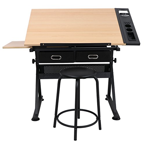 Saturnpower Drafting Table Height Angle Adjustable Drawing Table Tiltable Tabletop Art Craft Work Station w/Stool and 2 Storage Drawer Student Desk for Painting, Writing, and Art Craft Supplies