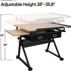 Saturnpower Drafting Table Height Angle Adjustable Drawing Table Tiltable Tabletop Art Craft Work Station w/Stool and 2 Storage Drawer Student Desk for Painting, Writing, and Art Craft Supplies