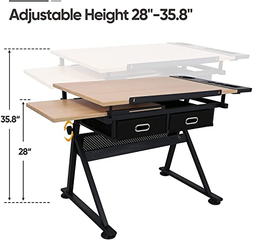 Saturnpower Drafting Table Height Angle Adjustable Drawing Table Tiltable Tabletop Art Craft Work Station w/Stool and 2 Storage Drawer Student Desk for Painting, Writing, and Art Craft Supplies