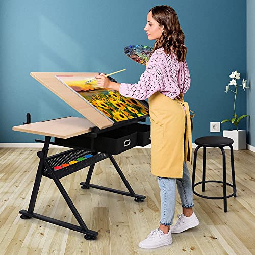 Saturnpower Drafting Table Height Angle Adjustable Drawing Table Tiltable Tabletop Art Craft Work Station w/Stool and 2 Storage Drawer Student Desk for Painting, Writing, and Art Craft Supplies