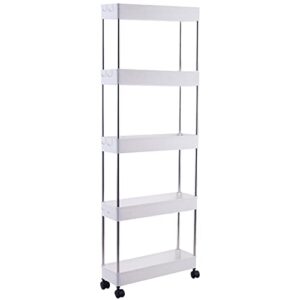 mupera 5-tier rolling cart – slim utility cart with wheels and 8 side hooks, movable storage organizer shelves, space-saving rolling storage cart for narrow places in office, bathroom, kitchen, white