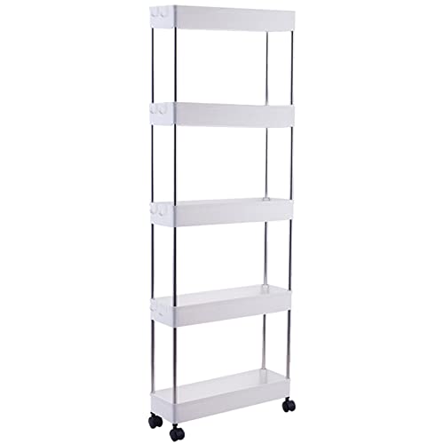 Mupera 5-Tier Rolling Cart - Slim Utility Cart with Wheels and 8 Side Hooks, Movable Storage Organizer Shelves, Space-Saving Rolling Storage Cart for Narrow Places in Office, Bathroom, Kitchen, White