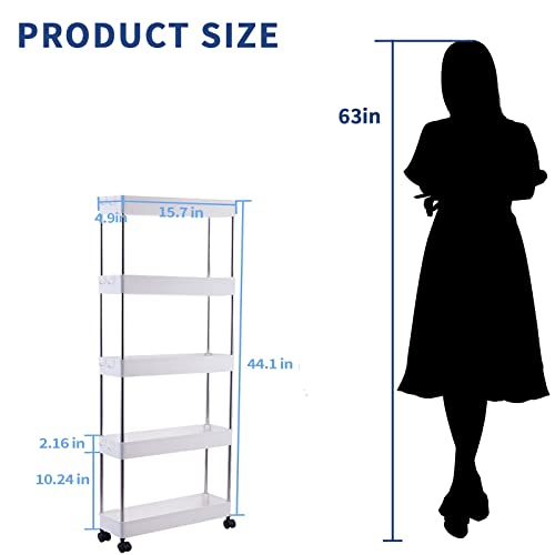 Mupera 5-Tier Rolling Cart - Slim Utility Cart with Wheels and 8 Side Hooks, Movable Storage Organizer Shelves, Space-Saving Rolling Storage Cart for Narrow Places in Office, Bathroom, Kitchen, White