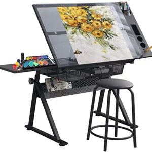 Lambgier Glass Craft Table Drawing Desk – Drafting Tables Hobby Table Writing Studio Art Artist Desk with Adjustable Tilted Tabletop (Black)