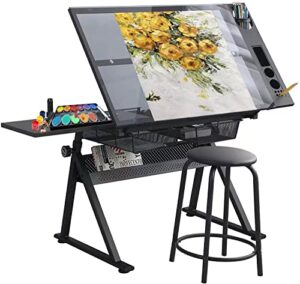 lambgier glass craft table drawing desk – drafting tables hobby table writing studio art artist desk with adjustable tilted tabletop (black)