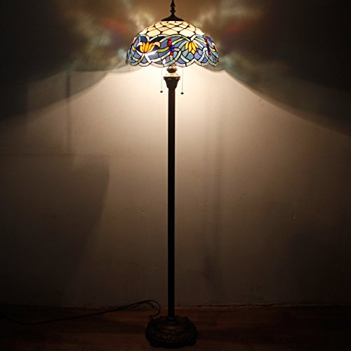 WERFACTORY Tiffany Floor Lamp Blue Lotus Stained Glass Flower Standing Reading Light 16X16X64 Inches Antique Pole Corner Lamp Decor Bedroom Living Room Home Office S220 Series