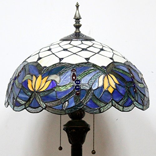 WERFACTORY Tiffany Floor Lamp Blue Lotus Stained Glass Flower Standing Reading Light 16X16X64 Inches Antique Pole Corner Lamp Decor Bedroom Living Room Home Office S220 Series