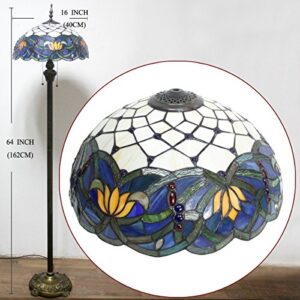 WERFACTORY Tiffany Floor Lamp Blue Lotus Stained Glass Flower Standing Reading Light 16X16X64 Inches Antique Pole Corner Lamp Decor Bedroom Living Room Home Office S220 Series