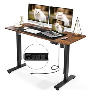 electric standing desk, 55 x 24 inch adjustable height stand up desk with 2 usb ports & 3 power outlets, and 6.5 ft power cord, office desk with 27”-45” lifting range, oversized mouse pad, brown