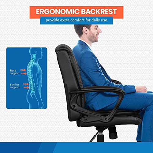 Home Office Chair Ergonomic Office Chair Desk Chair PU Leather Task Chair Executive Rolling Swivel Mid Back Computer Chair with Lumbar Support Armrest Adjustable Chair,Black