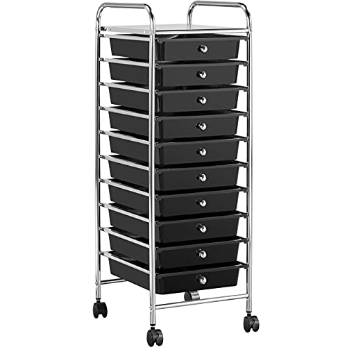 Topeakmart Plastic Trolley with 10 Drawers Rolling Cart Organizer Utility Cart Storage Bin Organizer on Wheels, Black