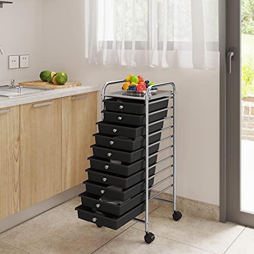 Topeakmart Plastic Trolley with 10 Drawers Rolling Cart Organizer Utility Cart Storage Bin Organizer on Wheels, Black