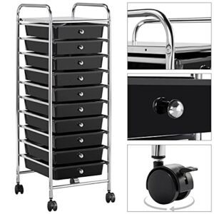 Topeakmart Plastic Trolley with 10 Drawers Rolling Cart Organizer Utility Cart Storage Bin Organizer on Wheels, Black