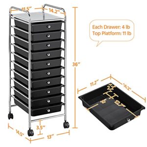 Topeakmart Plastic Trolley with 10 Drawers Rolling Cart Organizer Utility Cart Storage Bin Organizer on Wheels, Black