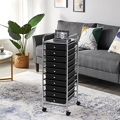 Topeakmart Plastic Trolley with 10 Drawers Rolling Cart Organizer Utility Cart Storage Bin Organizer on Wheels, Black