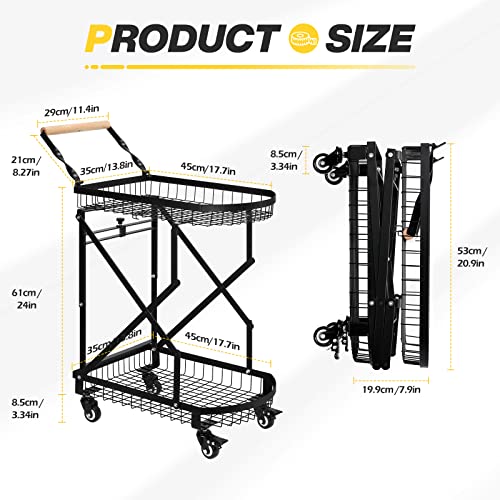 Multi Functional Collapsible carts, 2-Tier Foldable for Easy Storage and 360 Degree Swivel Wheels Folding Trolley, Shopping cart with Storage Basket