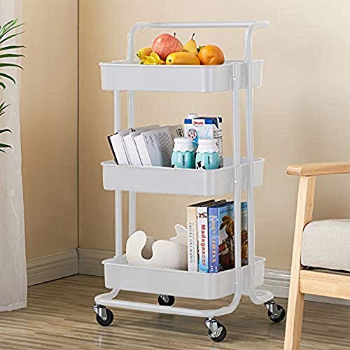 Storage Trolley Cart - 3 Tier Rolling Utility Organizer Rack, Craft Art Cart, Multi-Purpose Organizer Shelf, Tower Rack Serving Trolley for Office Bathroom Kitchen Kids’ Room Laundry Room, White