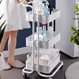 Storage Trolley Cart - 3 Tier Rolling Utility Organizer Rack, Craft Art Cart, Multi-Purpose Organizer Shelf, Tower Rack Serving Trolley for Office Bathroom Kitchen Kids’ Room Laundry Room, White