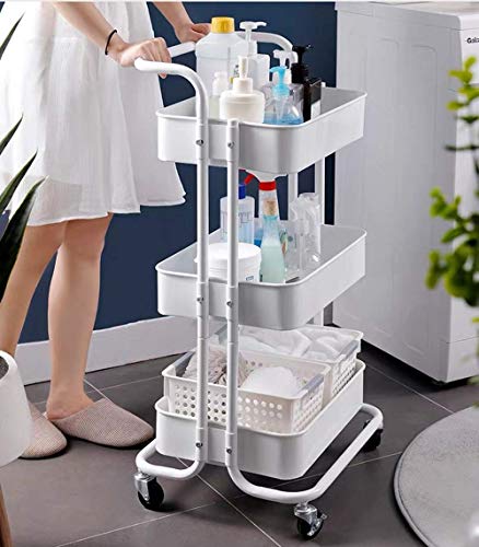 Storage Trolley Cart - 3 Tier Rolling Utility Organizer Rack, Craft Art Cart, Multi-Purpose Organizer Shelf, Tower Rack Serving Trolley for Office Bathroom Kitchen Kids’ Room Laundry Room, White