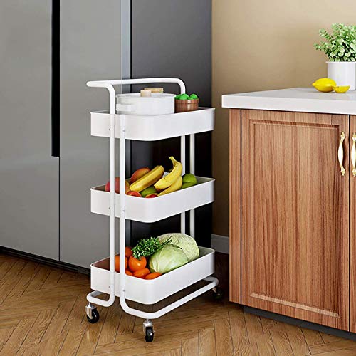 Storage Trolley Cart - 3 Tier Rolling Utility Organizer Rack, Craft Art Cart, Multi-Purpose Organizer Shelf, Tower Rack Serving Trolley for Office Bathroom Kitchen Kids’ Room Laundry Room, White