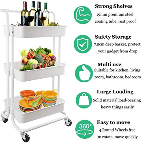 Storage Trolley Cart - 3 Tier Rolling Utility Organizer Rack, Craft Art Cart, Multi-Purpose Organizer Shelf, Tower Rack Serving Trolley for Office Bathroom Kitchen Kids’ Room Laundry Room, White