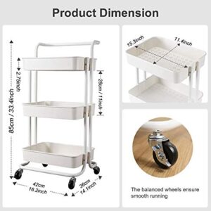 Storage Trolley Cart - 3 Tier Rolling Utility Organizer Rack, Craft Art Cart, Multi-Purpose Organizer Shelf, Tower Rack Serving Trolley for Office Bathroom Kitchen Kids’ Room Laundry Room, White