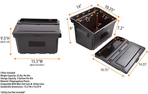 Tubstr Storage Bins for Utility Carts | 2 Attachable Plastic Tubs w/Removable Lids | 3 Gallon Bins Fit Most Utility Tub Carts | Easy Removable Storage for Tools & Supplies (Black /2-Pack/Bins Only)