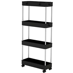 murealy utility rolling cart 4 tier – multifunction storage organizer cart with wheels, heavy duty utility cart with hooks, slim shelf trolley for cleaning supplies cosmetic and kitchen spice, black