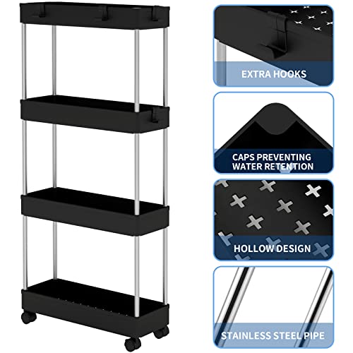 MuRealy Utility Rolling Cart 4 Tier - Multifunction Storage Organizer Cart with Wheels, Heavy Duty Utility Cart with Hooks, Slim Shelf Trolley for Cleaning Supplies Cosmetic and Kitchen Spice, Black