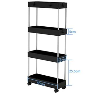 MuRealy Utility Rolling Cart 4 Tier - Multifunction Storage Organizer Cart with Wheels, Heavy Duty Utility Cart with Hooks, Slim Shelf Trolley for Cleaning Supplies Cosmetic and Kitchen Spice, Black