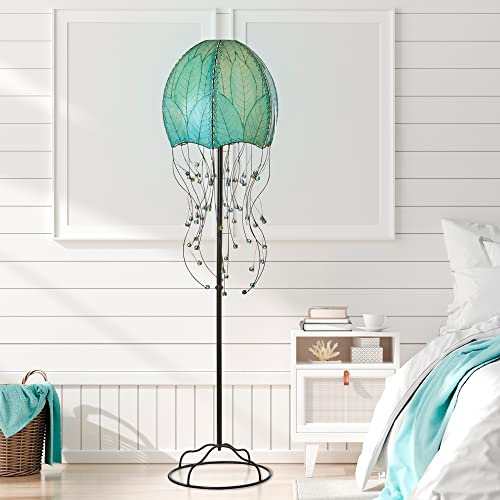 Eangee Home Design Jellyfish Large Floor Lamp Sea Blue Shade Made of Real Cocoa Leaves 15 Inches Length x 15 Inches Width x 64 Inches Height (399 sb)