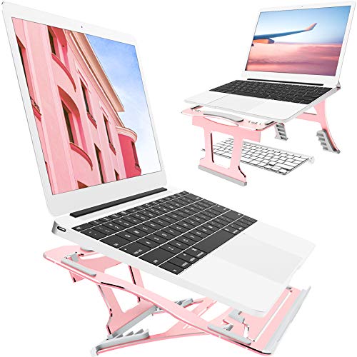 SINOBELL Laptop Stand, 9 Angles, 3 Folding Modes in 1. Portable Ergonomic Angled Laptop Aluminum Stand. Adjustable Height Laptop Holder with Slide-Proof Silicone for Laptop 10''~15.6'' (Rose Pink)