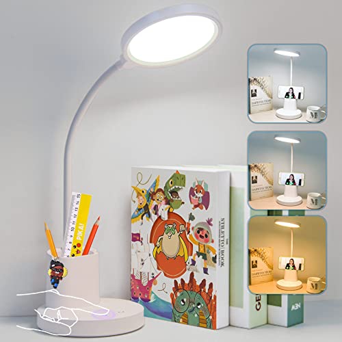 GOLSPARK LED Desk Lamp, Touch Control Desk Lamp Rechargeable 3 Color Modes with Stepless Dimmable, 360°Flexible Desk Lamp with Pen Holder, Battery Operated White Desk Lamp for Students, Dorm Reading