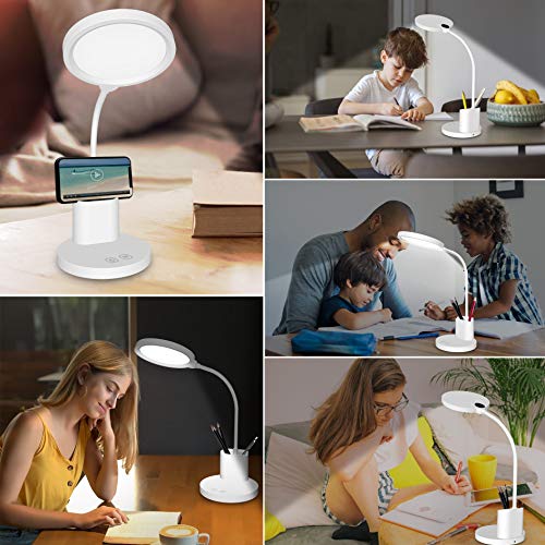 GOLSPARK LED Desk Lamp, Touch Control Desk Lamp Rechargeable 3 Color Modes with Stepless Dimmable, 360°Flexible Desk Lamp with Pen Holder, Battery Operated White Desk Lamp for Students, Dorm Reading