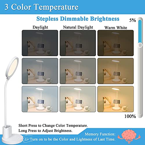 GOLSPARK LED Desk Lamp, Touch Control Desk Lamp Rechargeable 3 Color Modes with Stepless Dimmable, 360°Flexible Desk Lamp with Pen Holder, Battery Operated White Desk Lamp for Students, Dorm Reading