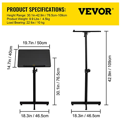 VEVOR Lectern Podium Stand, Height Adjustable Laptop Table, Portable Presentation Standing for Classroom, Office, Church, Tilting Desktop with Edge Stopper, Black