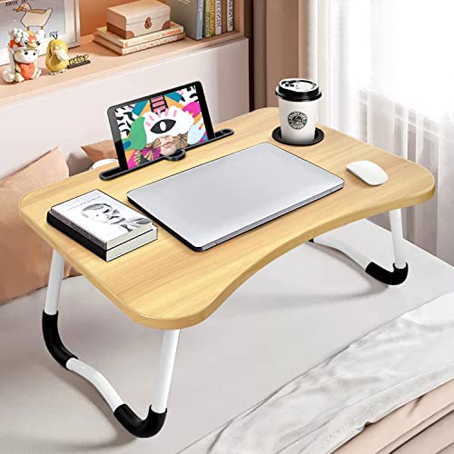 Portable Laptop Bed Table, Fordable Lap Desk with Cup Slot & Notebook Stand Breakfast Bed Trays for Eating and Laptops Book Holder Lap Desk for Floor,Couch, Sofa, Bed, Terrace, Balcony (Walnut Beige)