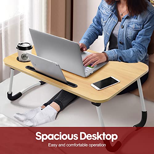 Portable Laptop Bed Table, Fordable Lap Desk with Cup Slot & Notebook Stand Breakfast Bed Trays for Eating and Laptops Book Holder Lap Desk for Floor,Couch, Sofa, Bed, Terrace, Balcony (Walnut Beige)