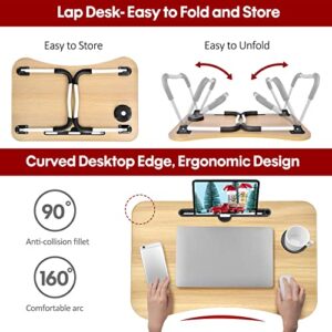 Portable Laptop Bed Table, Fordable Lap Desk with Cup Slot & Notebook Stand Breakfast Bed Trays for Eating and Laptops Book Holder Lap Desk for Floor,Couch, Sofa, Bed, Terrace, Balcony (Walnut Beige)