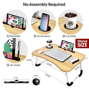 Portable Laptop Bed Table, Fordable Lap Desk with Cup Slot & Notebook Stand Breakfast Bed Trays for Eating and Laptops Book Holder Lap Desk for Floor,Couch, Sofa, Bed, Terrace, Balcony (Walnut Beige)