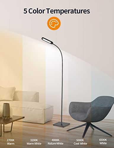 LED Floor Lamp, Standing Lamp with 5 Color Temperature/4 Brightness Levels, Modern Reading Lamp with Adjustable Gooseneck, Dimmable Touch Control Vertical Lamp for Bedroom and Living Room, Black