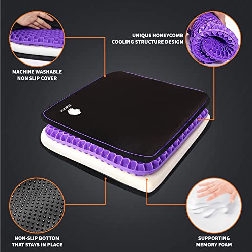 Adalion Large Seat Cushion For Long Sitting And Lasting Comfort, Upgraded THICK Gel&Memory Foam For Tailbone Pain Relief, Office Cooling Honeycomb Pad Great For Wheelchair, Sciatica&Coccyx And Driving