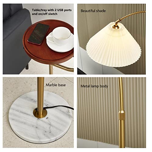 Floor Lamp with Table/Tray,Michideco Bedside Lamp with Double USB Ports and Charger,Great Reading Lamp for Bedroom, Living Room or Office(Gold,Long-arm)