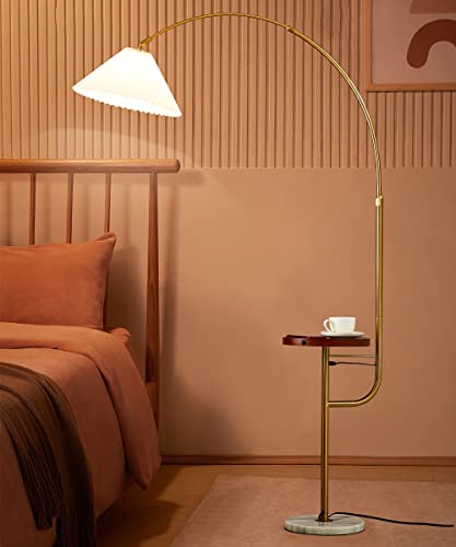 Floor Lamp with Table/Tray,Michideco Bedside Lamp with Double USB Ports and Charger,Great Reading Lamp for Bedroom, Living Room or Office(Gold,Long-arm)