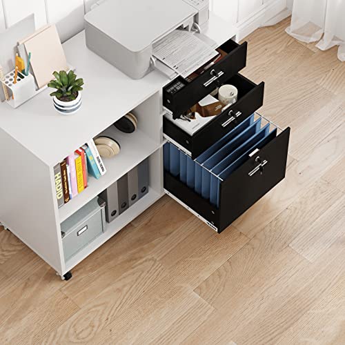 YITAHOME 3-Drawer Wood File Cabinet with Locks, Mobile Lateral Filing Cabinet for Letter, A4 Size, Storage Cabinet Printer Stand with 2 Open Shelves for Home Office, Black and White