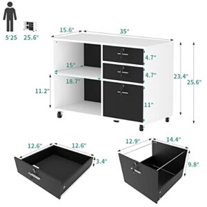 YITAHOME 3-Drawer Wood File Cabinet with Locks, Mobile Lateral Filing Cabinet for Letter, A4 Size, Storage Cabinet Printer Stand with 2 Open Shelves for Home Office, Black and White