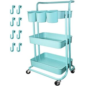 piowio 3 tier utility rolling cart multifunction organizer shelf storage cart with 3 piece cups and 8 piece hooks for home kitchen bathroom laundry room office store etc. (blue)